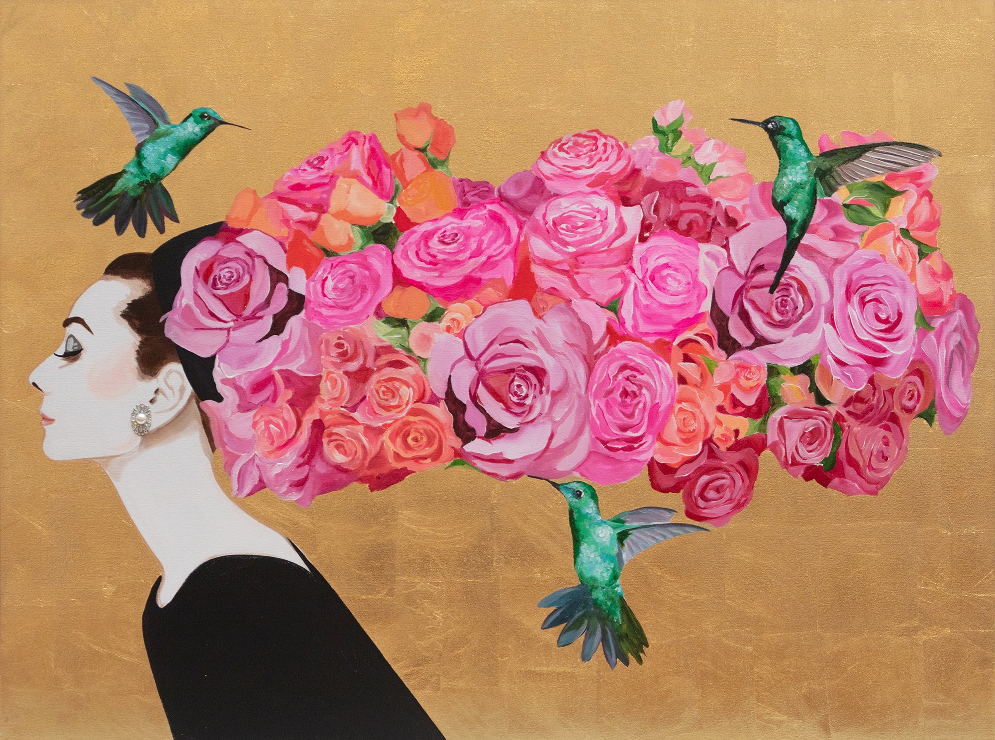 Audrey With Trailing Rose Bouquet and Emerald Green Hummingbirds on Go ...