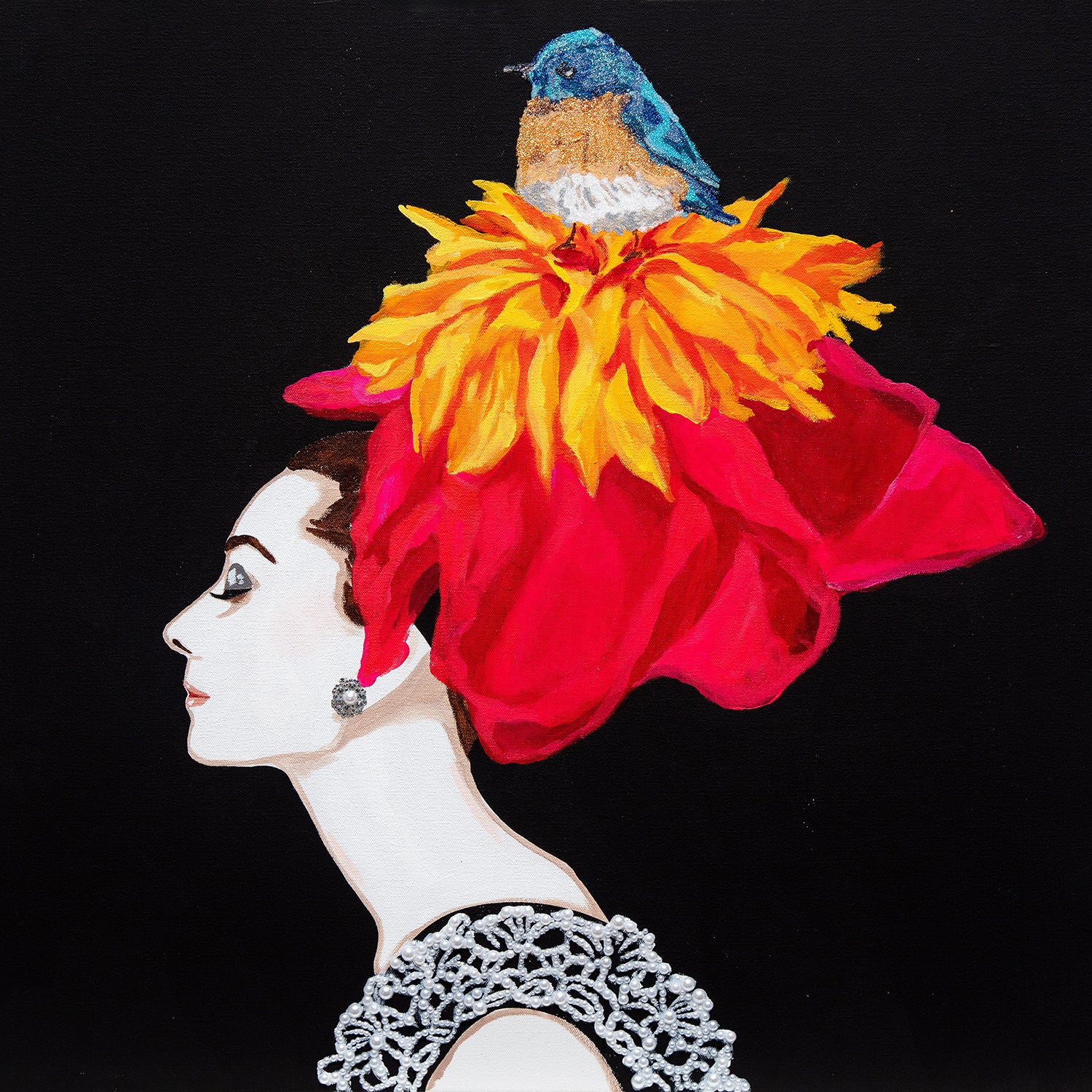 Audrey With Blue Bird and Camellia Chapeau – Ashley Longshore